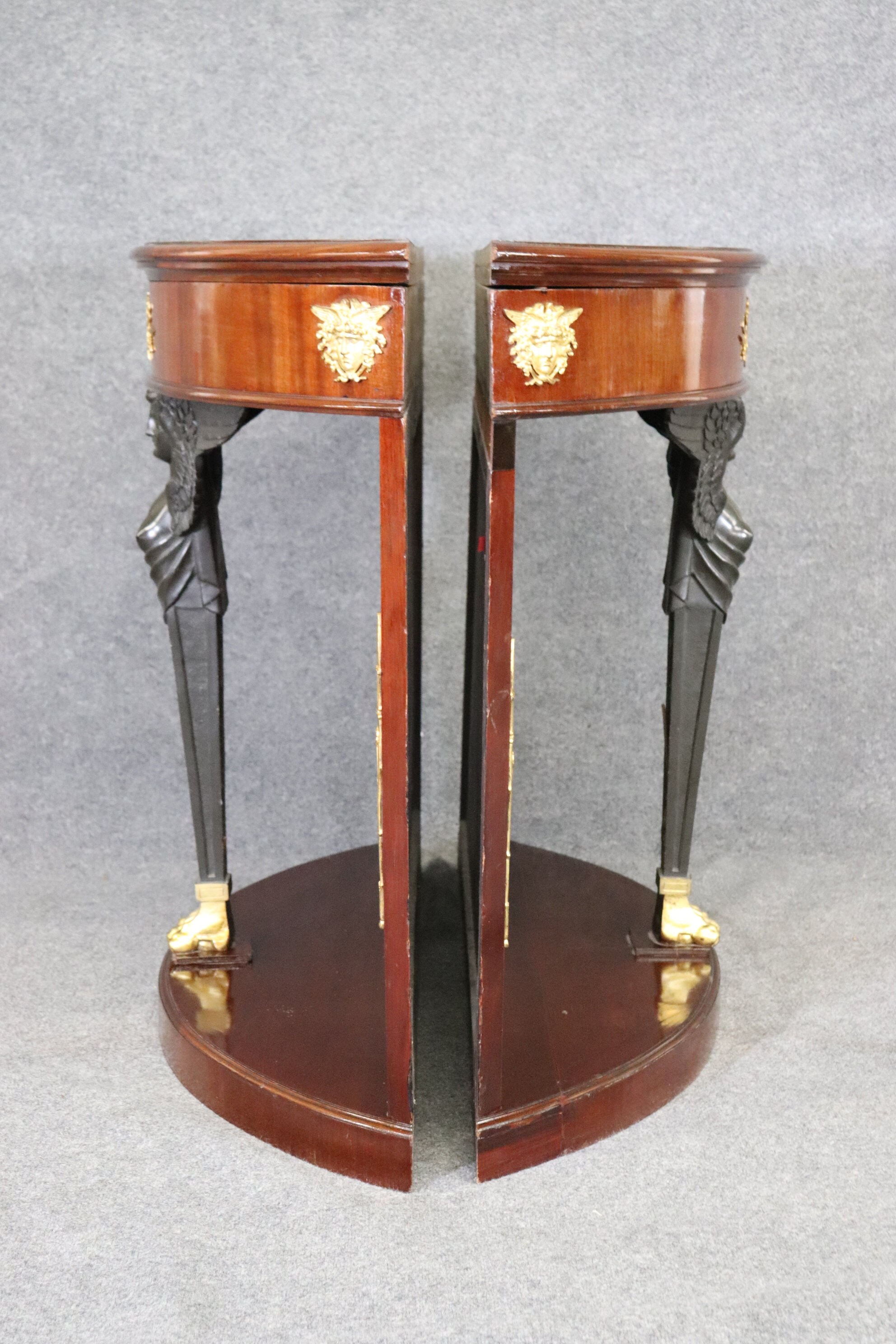 Pair of Antique Figural French Empire Style Bronze Mounted Demilune ...