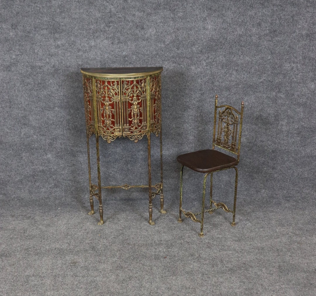 Vintage Oscar Bach Style Petite Demilune Console With Chair, Cabinet ...