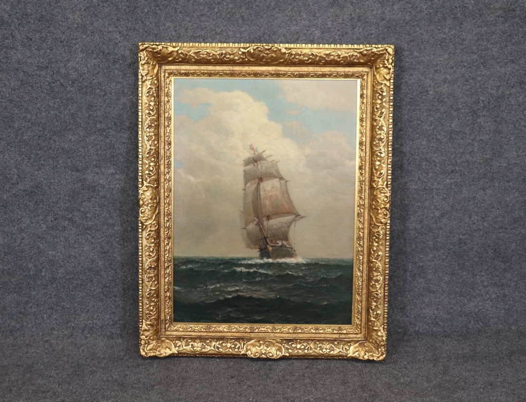 American Classical Signed James Gale Tyler Painting of a Ship Sailing ...