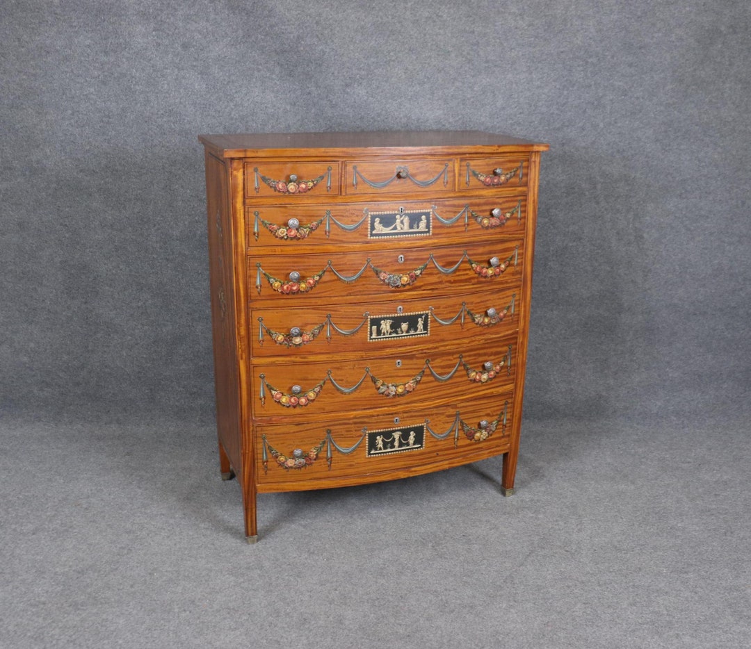 Antique English Adams Style Satinwood High Chest: Hand-painted 8-drawer ...