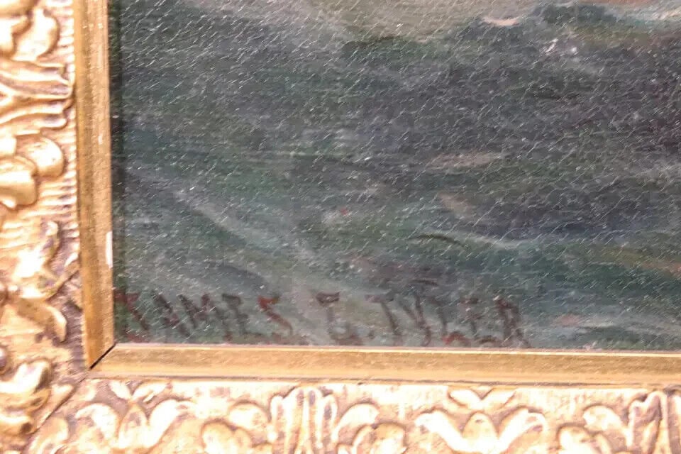 American Classical Signed James Gale Tyler Painting of a Ship Sailing ...