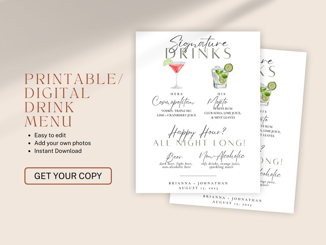 DIGITAL DOWNLOAD \\ PRINTABLE \\ Wedding Drink Menu - Etsy