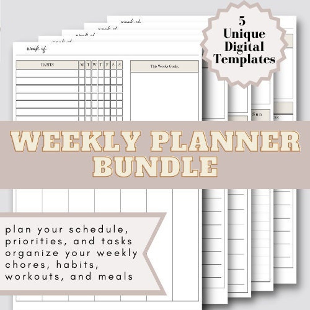 Weekly Planner Bundle, 5 Different 1-page Templates PDF Digital ...