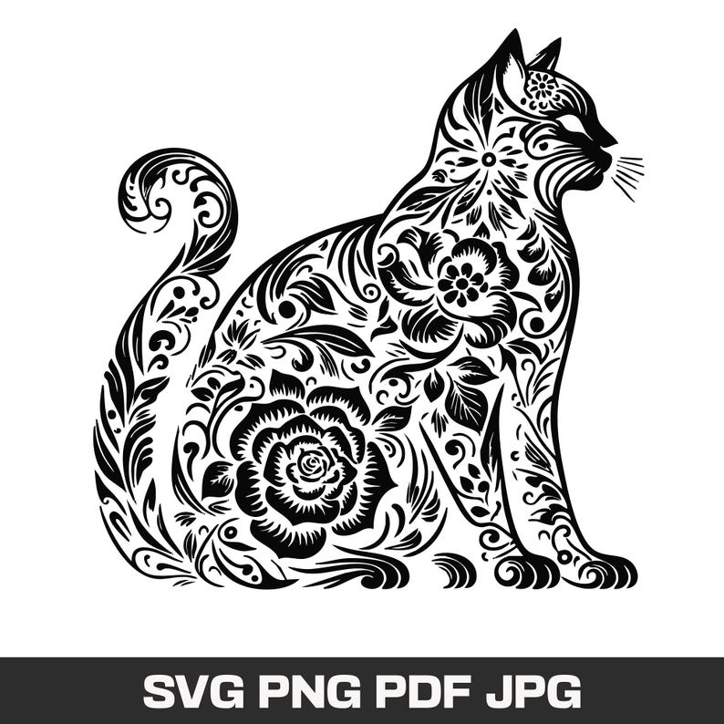 Floral Cat Silhouette SVG | Mandala Cat Design for Cricut & Laser Cut ...