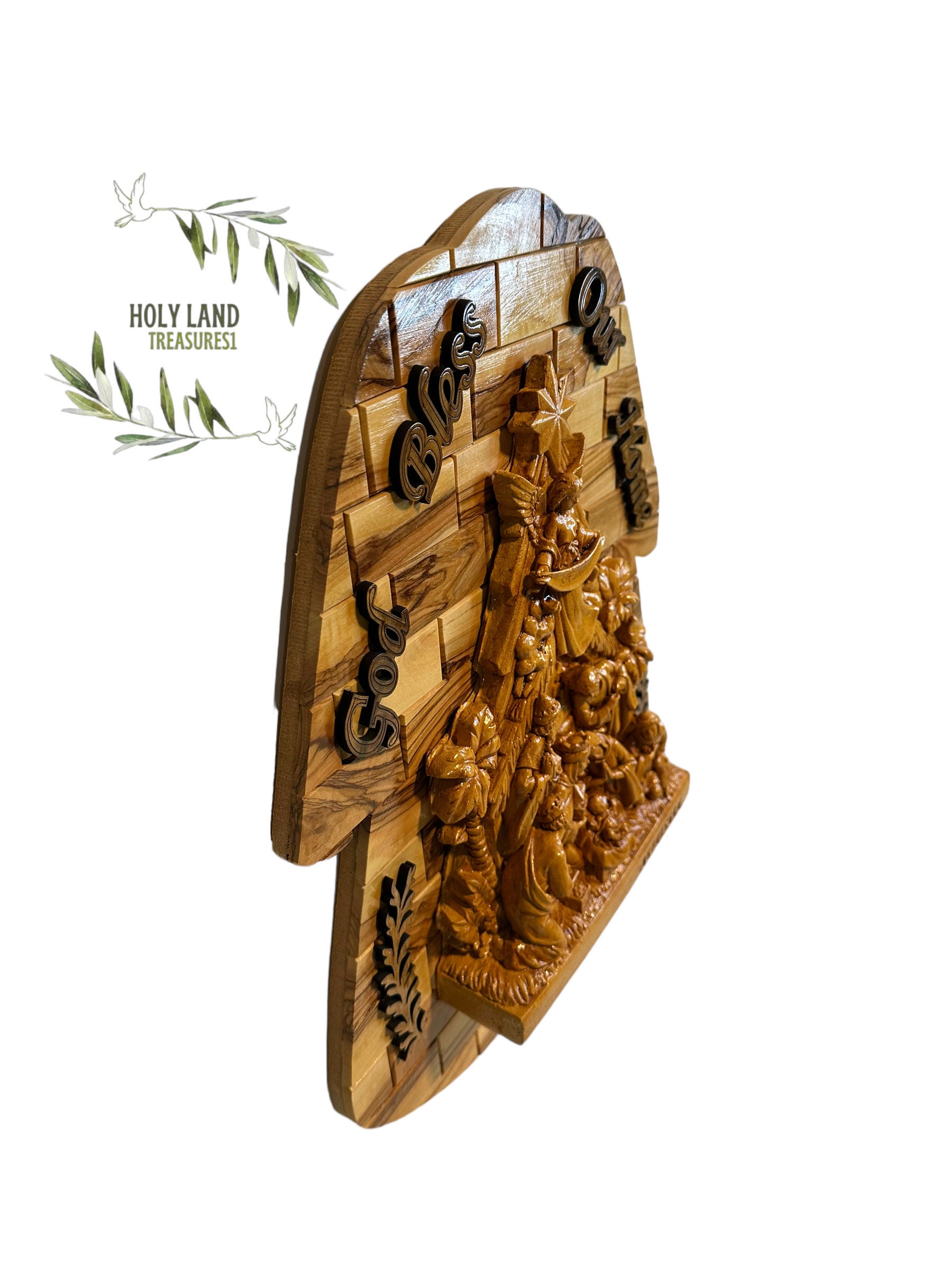 Olive Wood Nativity Scene Wall Plaque, 3D Wall Hanging Plaque Made in ...