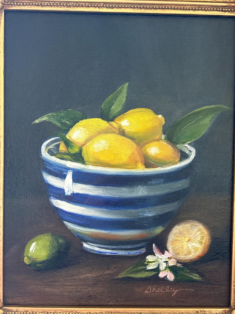 Original Lemon Still Life Oil Painting in Vintage Gold Frame – Blue ...