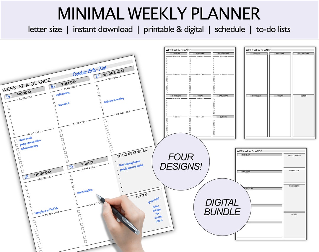 Digital Minimal One Page Planner, Weekly To-do List & Weekly Schedule ...