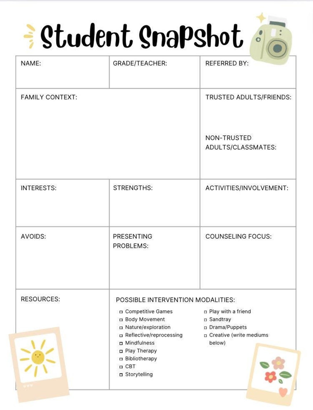 EDITABLE Student at a Glance Planning School Counseling Sheet- 5 ...