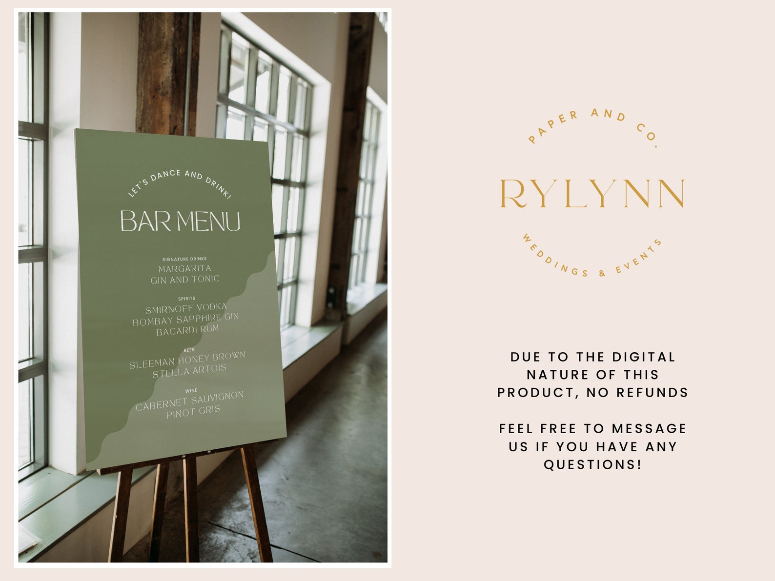 Bar Menu Wedding Sign Canva Template Moody Green Canva Welcome Sign ...