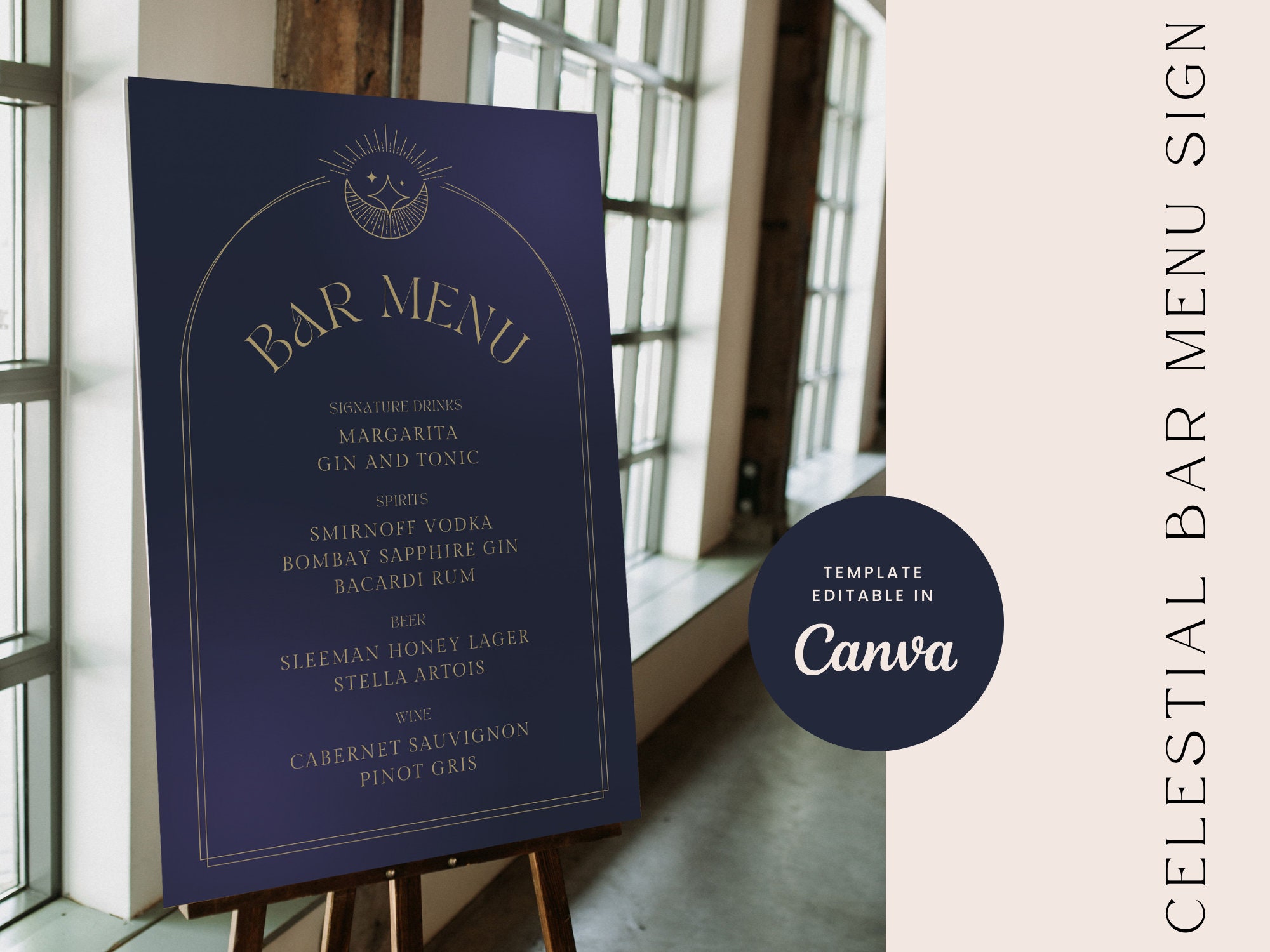 Bar Menu Wedding Sign Canva Template Navy Gradient Gold Zodiac Moon ...