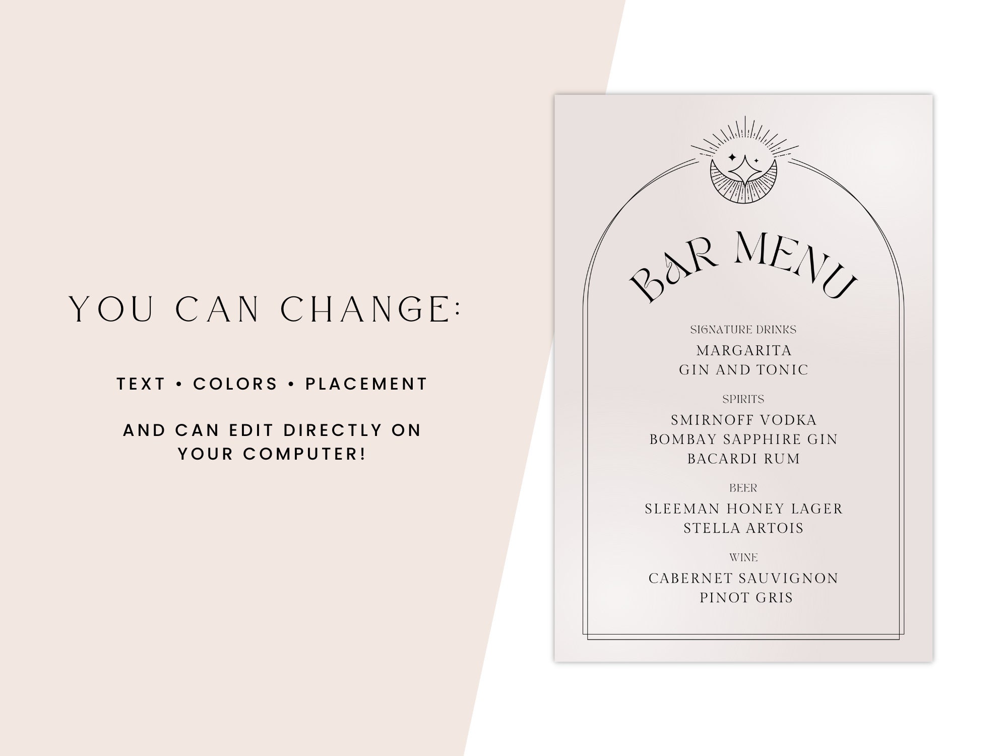 Bar Menu Wedding Sign Canva Template Navy Gradient Gold Zodiac Moon ...