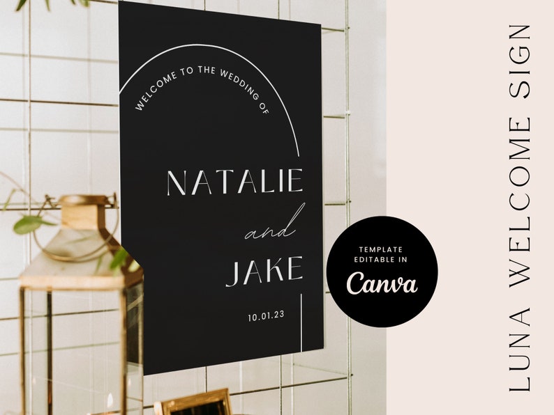 Welcome to Our Wedding Sign Canva Template Moody Black White Welcome ...