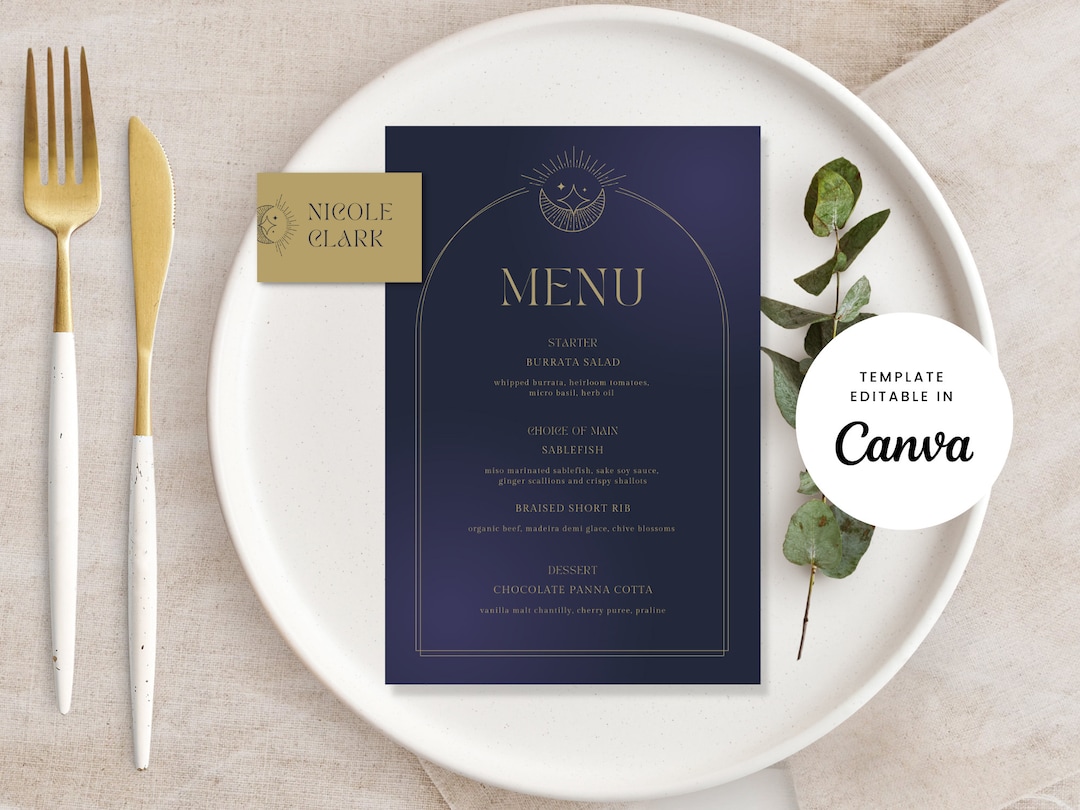 Navy Astronomy Wedding Event Menu and Placecards Sign Canva Template ...