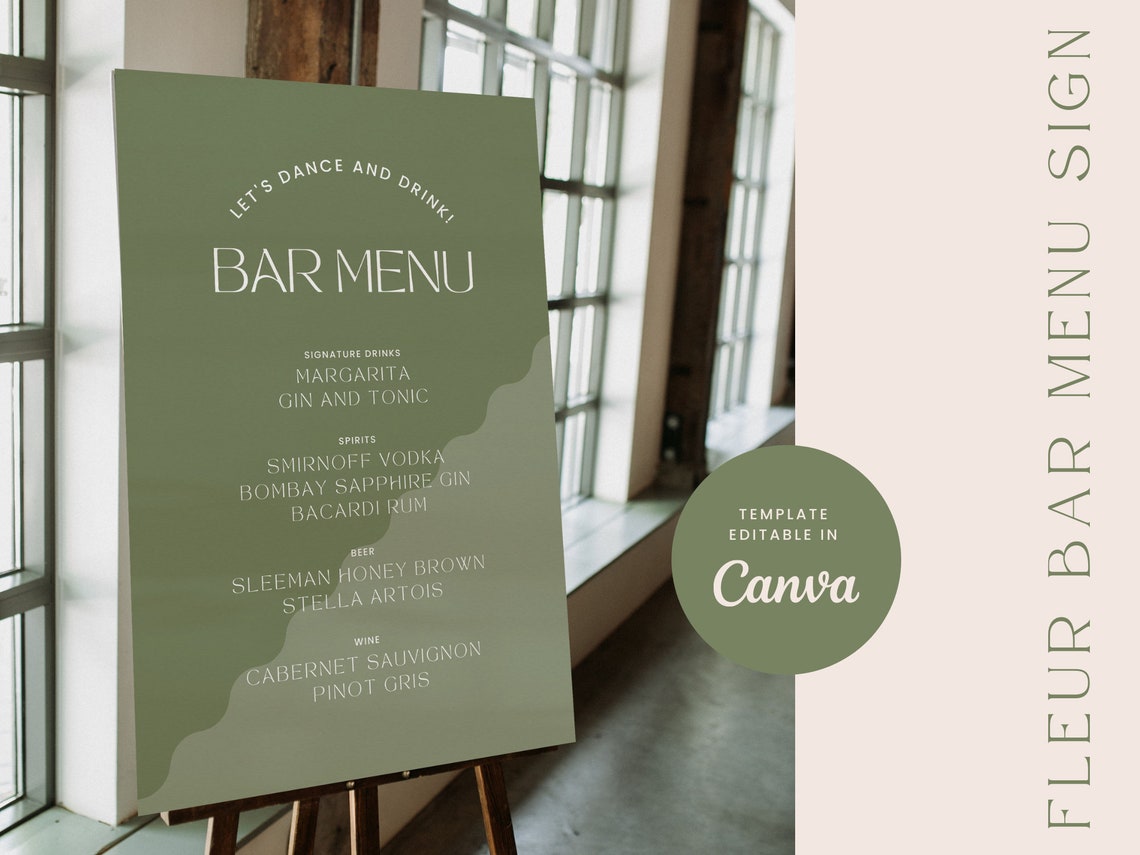 Bar Menu Wedding Sign Canva Template Moody Green Canva Welcome Sign ...