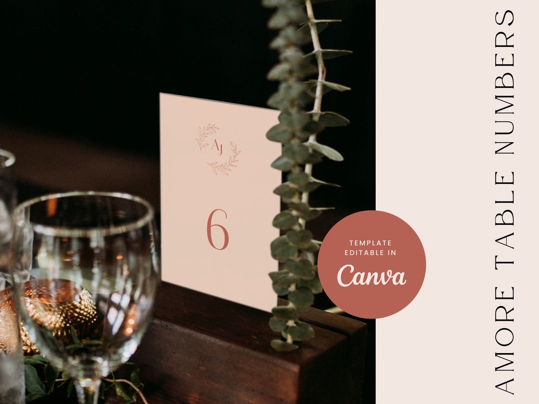 Wedding Event Table Numbers Sign Canva Template Pink Floral Monogram ...