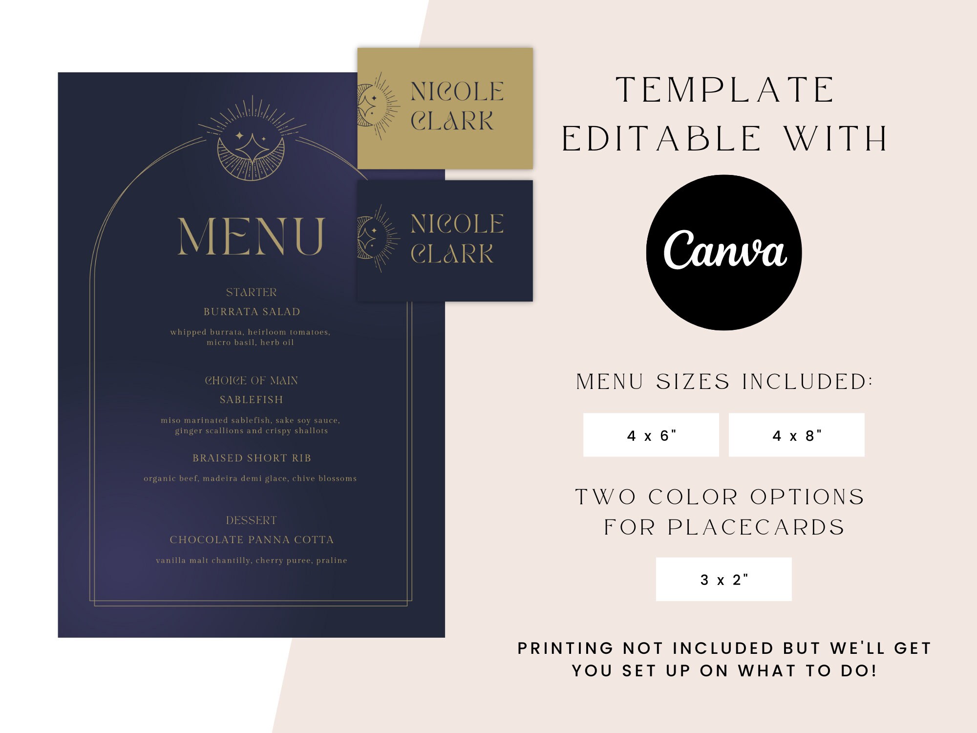Navy Astronomy Wedding Event Menu and Placecards Sign Canva Template ...