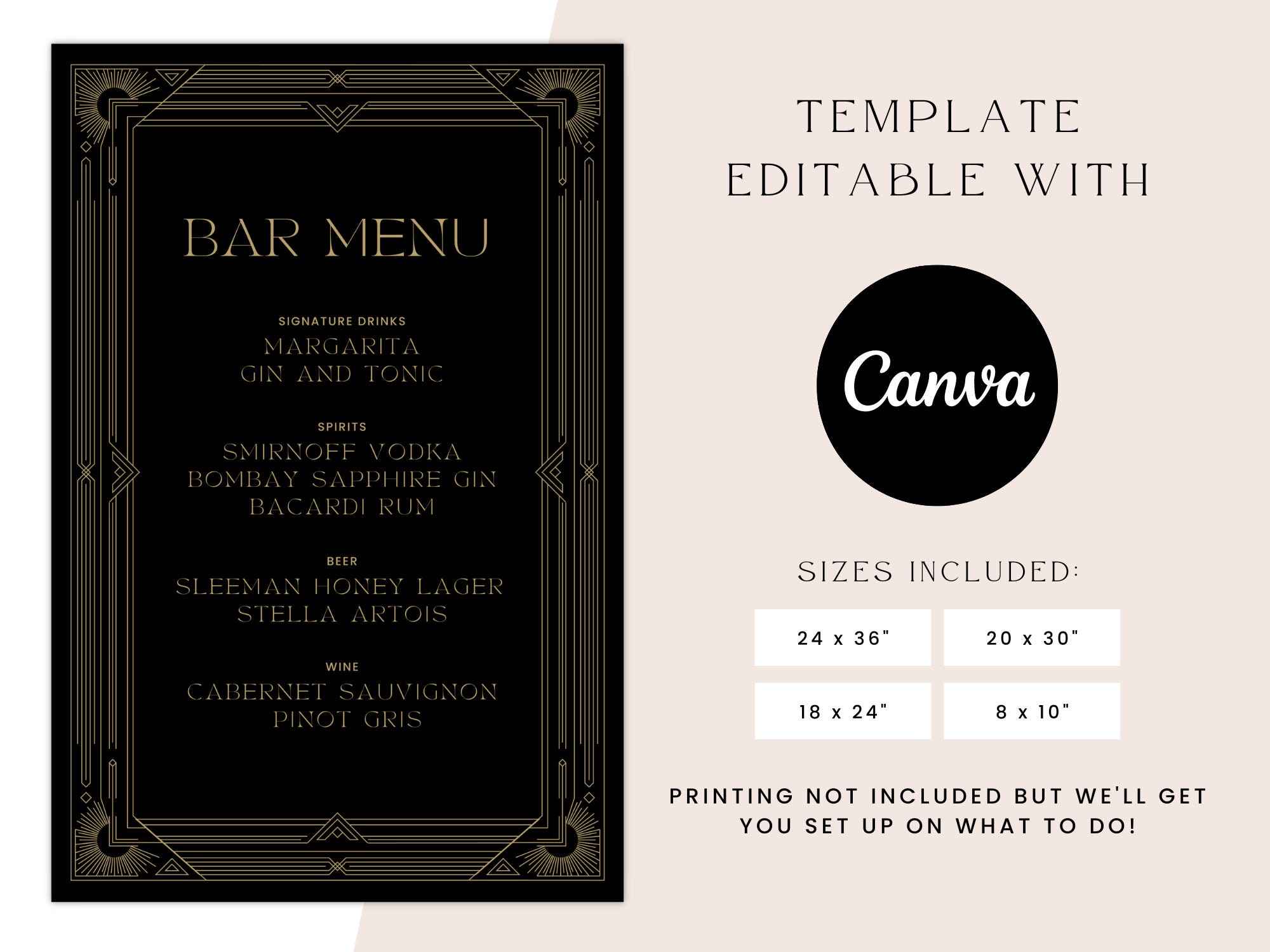 Bar Menu Wedding Sign Canva Template Black Gold Art Deco Gatsby Welcome ...
