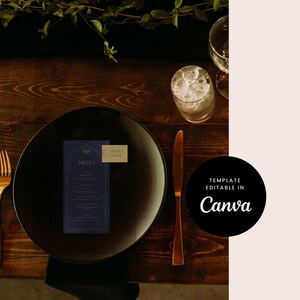 Navy Astronomy Wedding Event Menu and Placecards Sign Canva Template ...