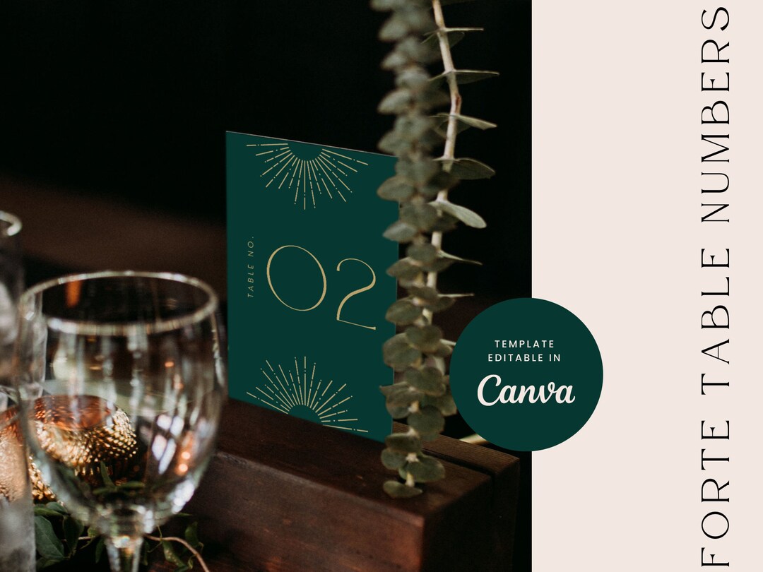 Wedding Event Table Numbers Sign Canva Template Bold Green Gold Art ...
