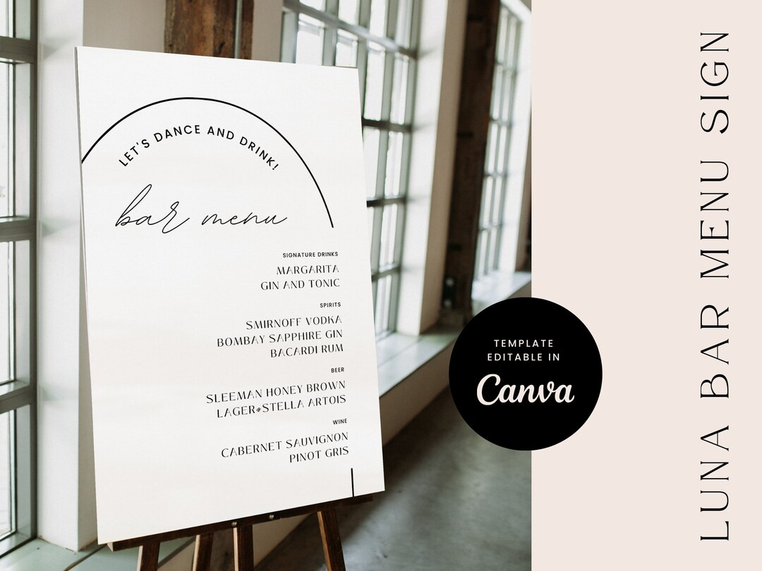 Bar Menu Wedding Sign Canva Template Moody Black White Welcome Sign ...