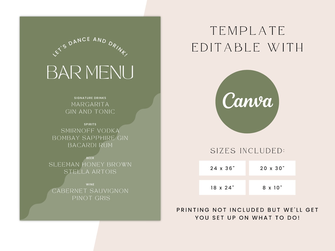 Bar Menu Wedding Sign Canva Template Moody Green Canva Welcome Sign ...