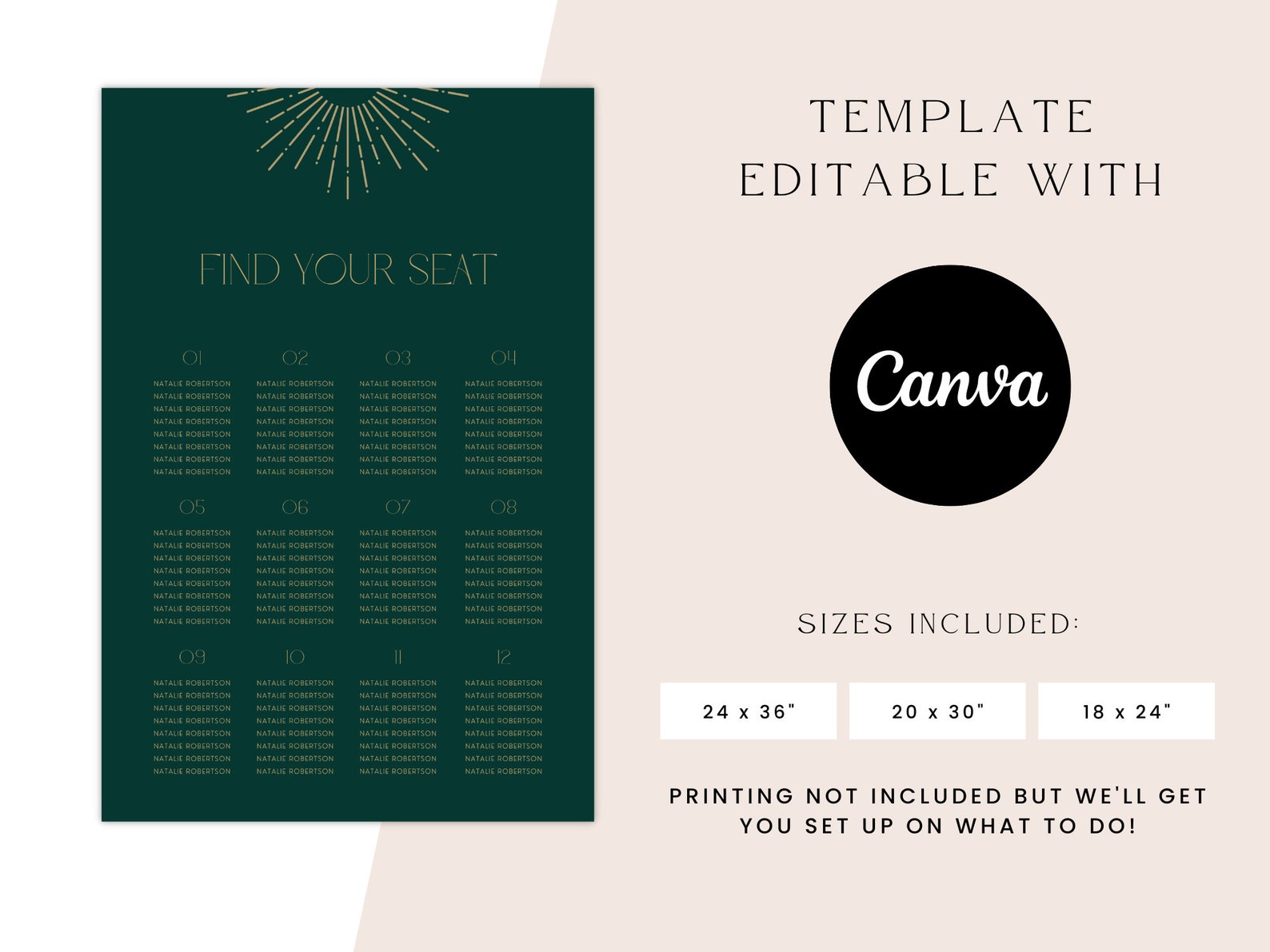 Wedding Seating Chart Sign Canva Template Green Gold Art Deco Gatsby ...