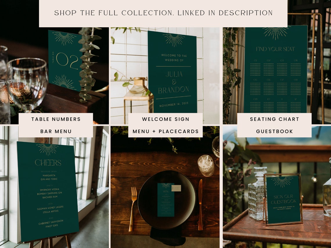 Wedding Event Menu and Placecards Sign Canva Template Green Black Gold ...