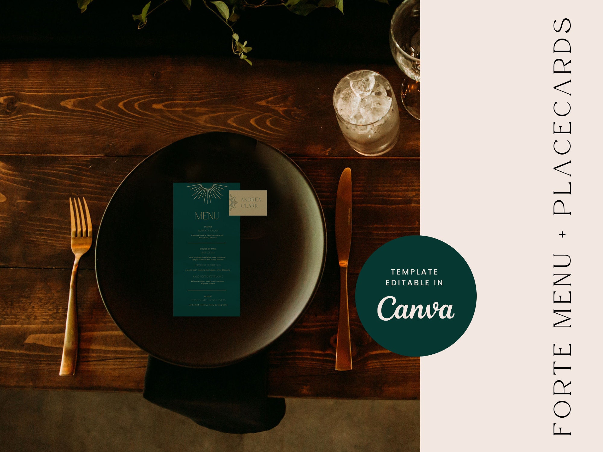 Wedding Event Menu and Placecards Sign Canva Template Green Black Gold ...