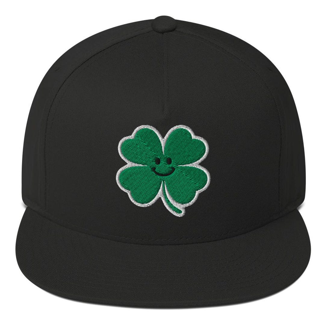 Happy Lucky Four Leaf Clover Flat Bill Cap With Green Underside of the ...