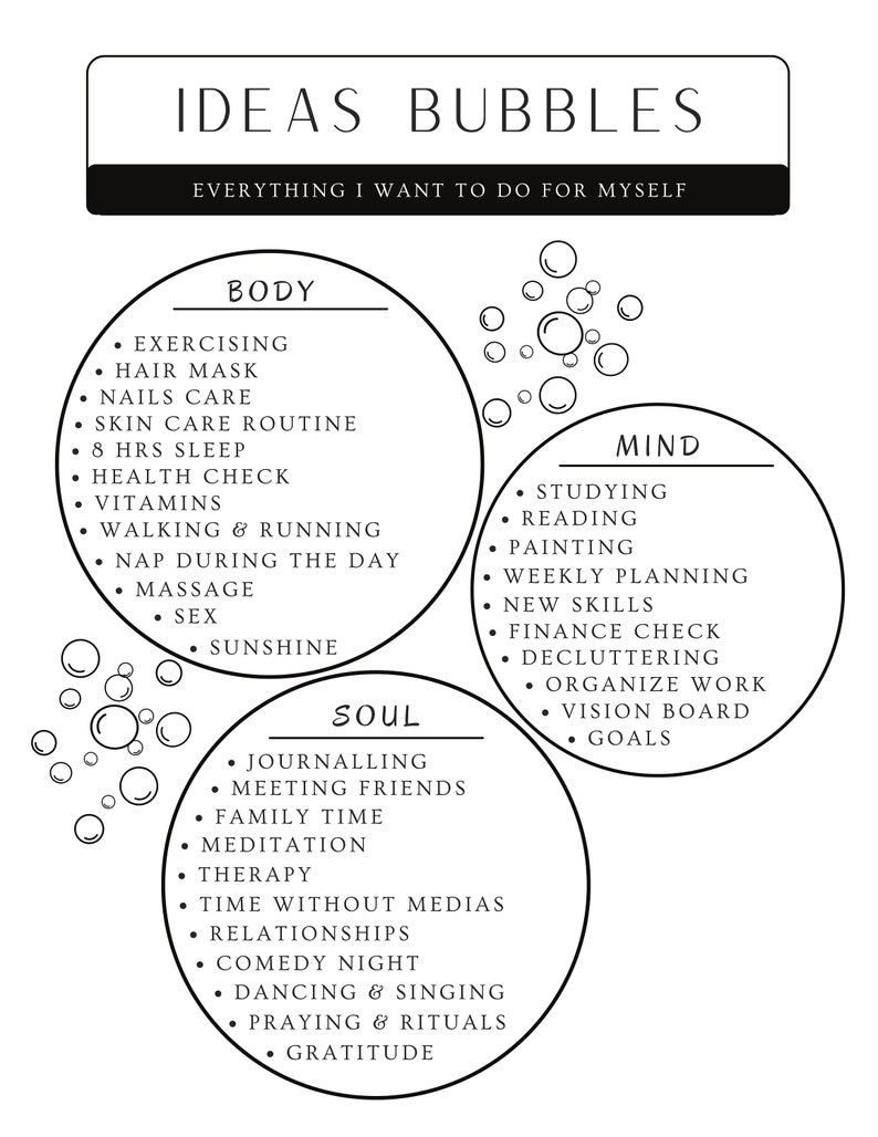 Bubble Self Care Ideas Planner Insert Printable Minimalist Etsy