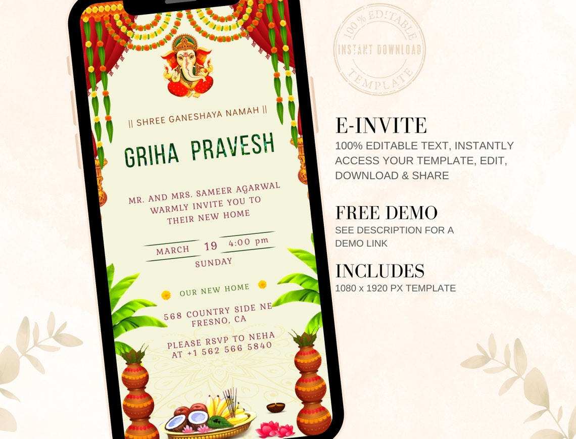 Housewarming Party Invite, Griha Pravesh Invite, Indian Housewarming ...