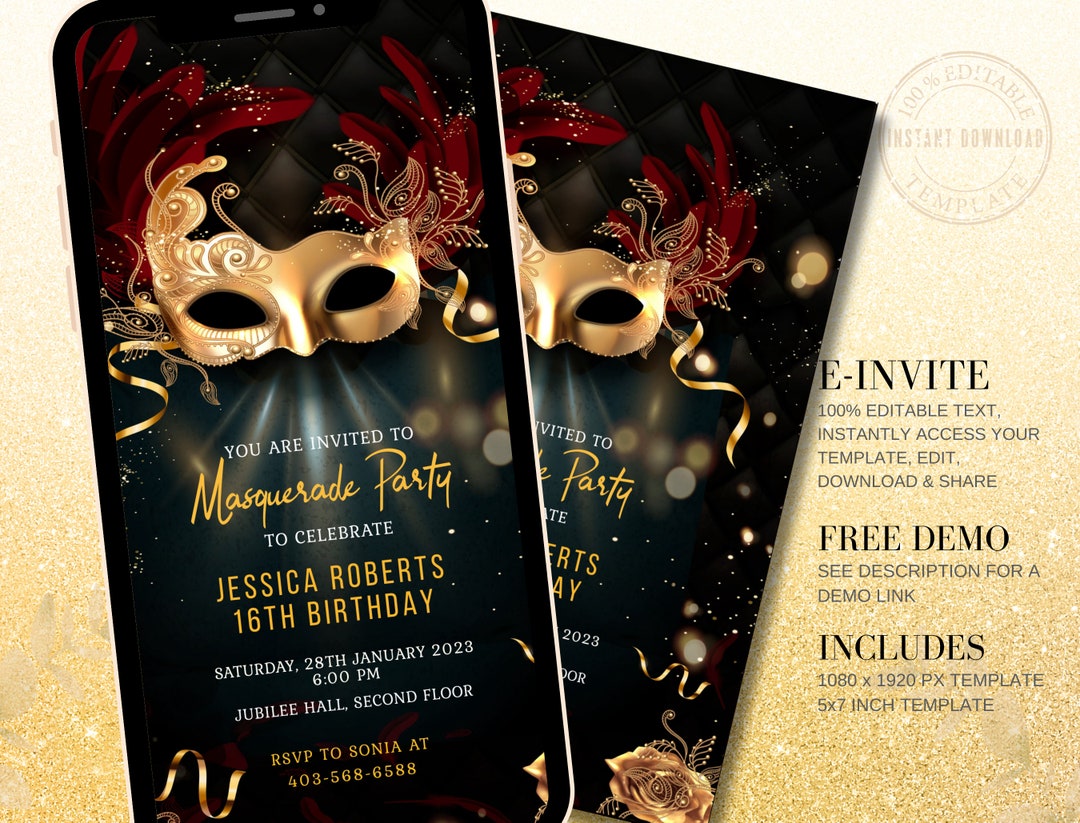 Gold Masked Party, Masquerade Birthday Party Invitation, Masquerade ...