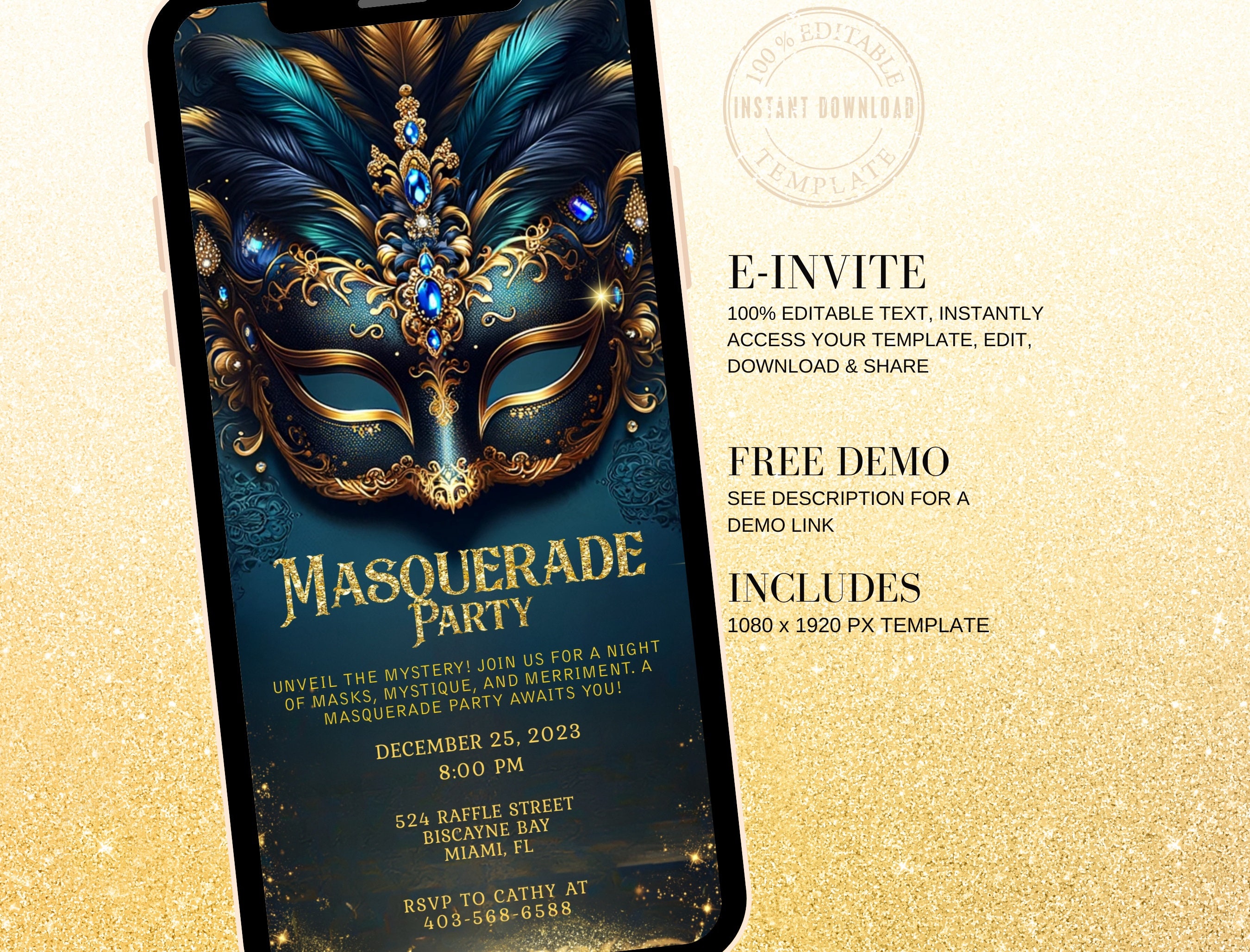 Masquerade Party Invitation, Black Gold Masquerade Party Invitations ...
