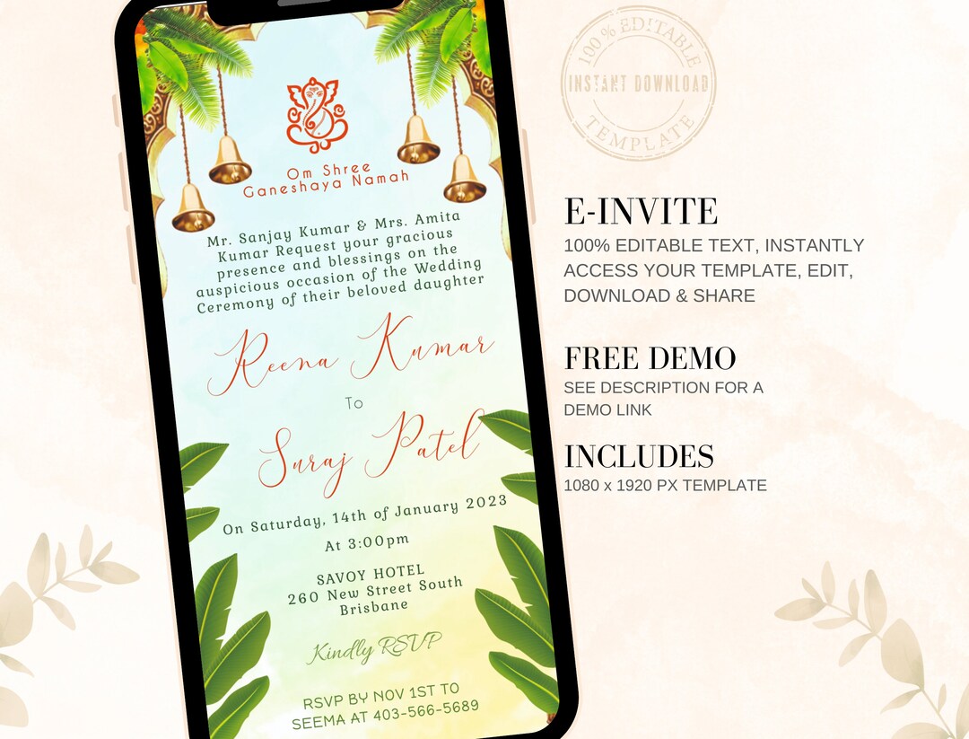 South Indian Wedding Digital Invite, Hindu Wedding Invitation, Telugu ...