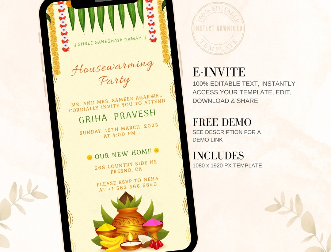 Griha Pravesh Invite, Indian Housewarming Invitation, Indian New Home ...