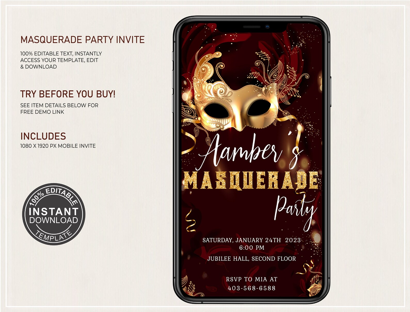 Gold Masked Party Masquerade Birthday Party Invitation - Etsy
