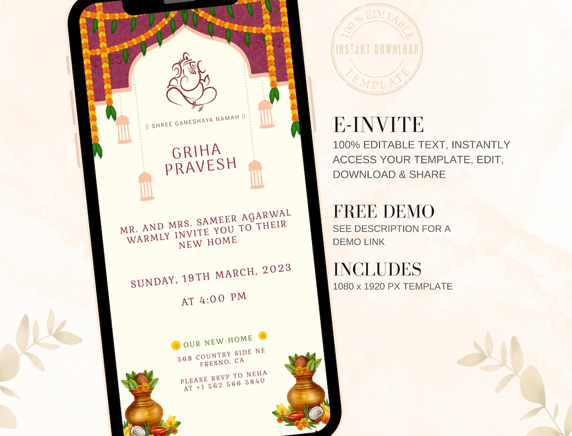 Housewarming Party Invite, Griha Pravesh Invite, Indian Housewarming ...