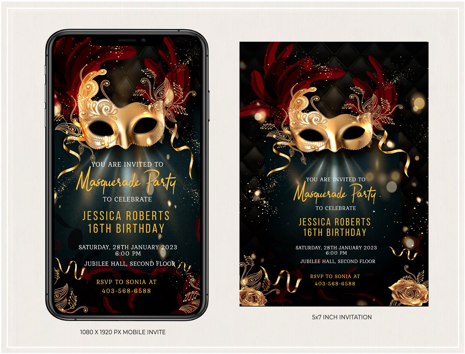 Gold Masked Party, Masquerade Birthday Party Invitation, Masquerade ...