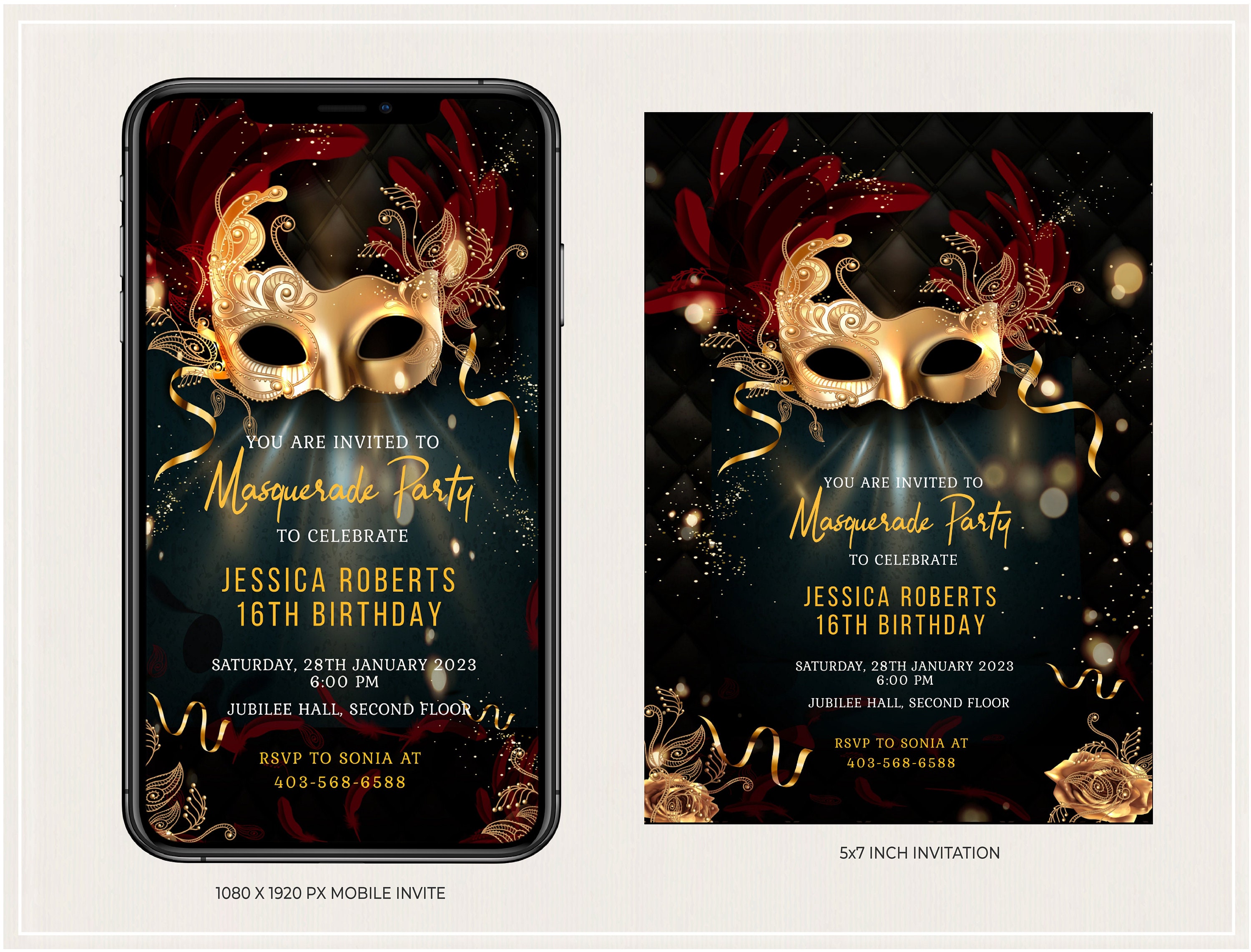 Gold Masked Party, Masquerade Birthday Party Invitation, Masquerade ...