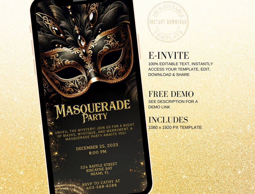 Gold Masked Party, Masquerade Birthday Party Invitation, Masquerade ...
