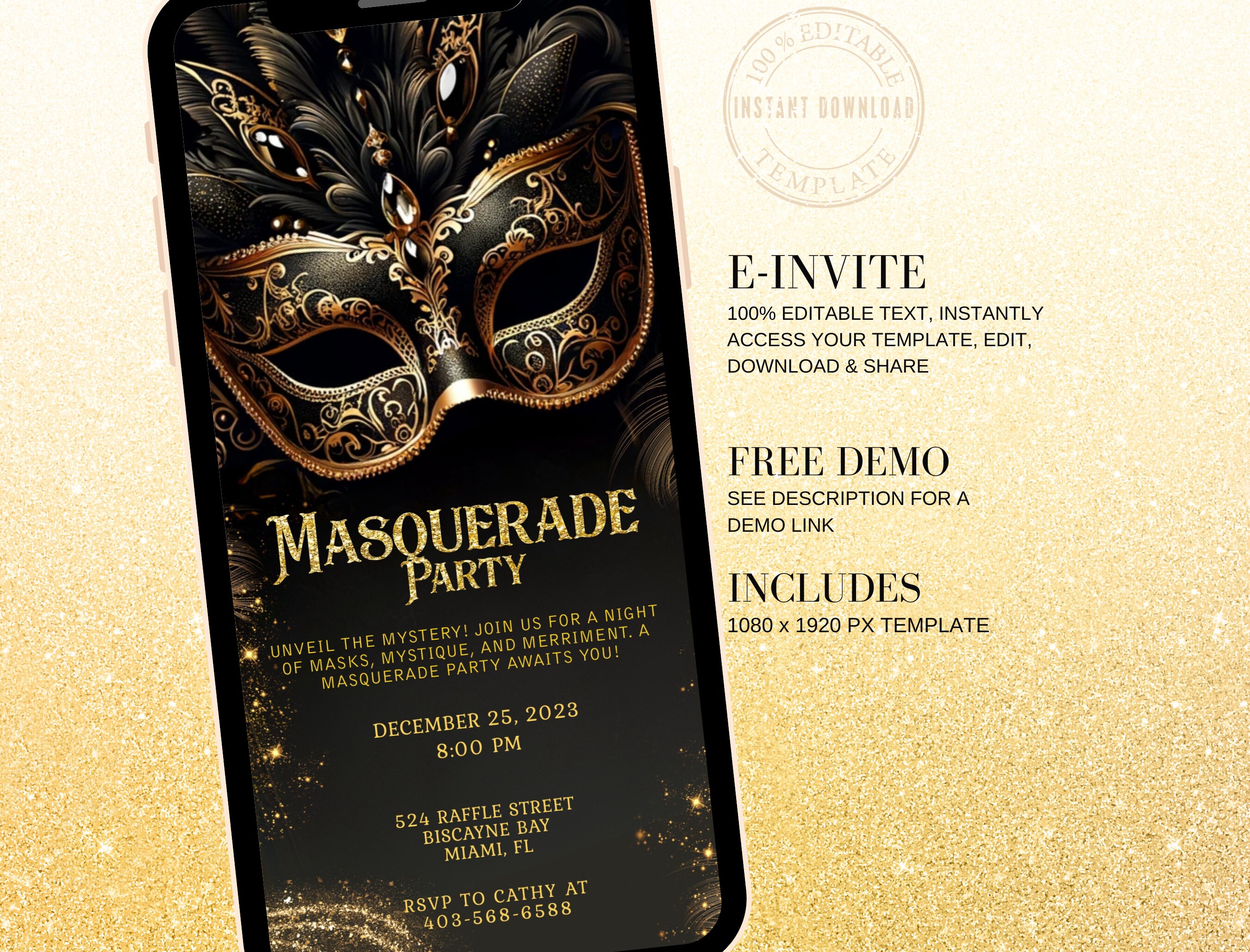 Gold Masked Party, Masquerade Birthday Party Invitation, Masquerade ...