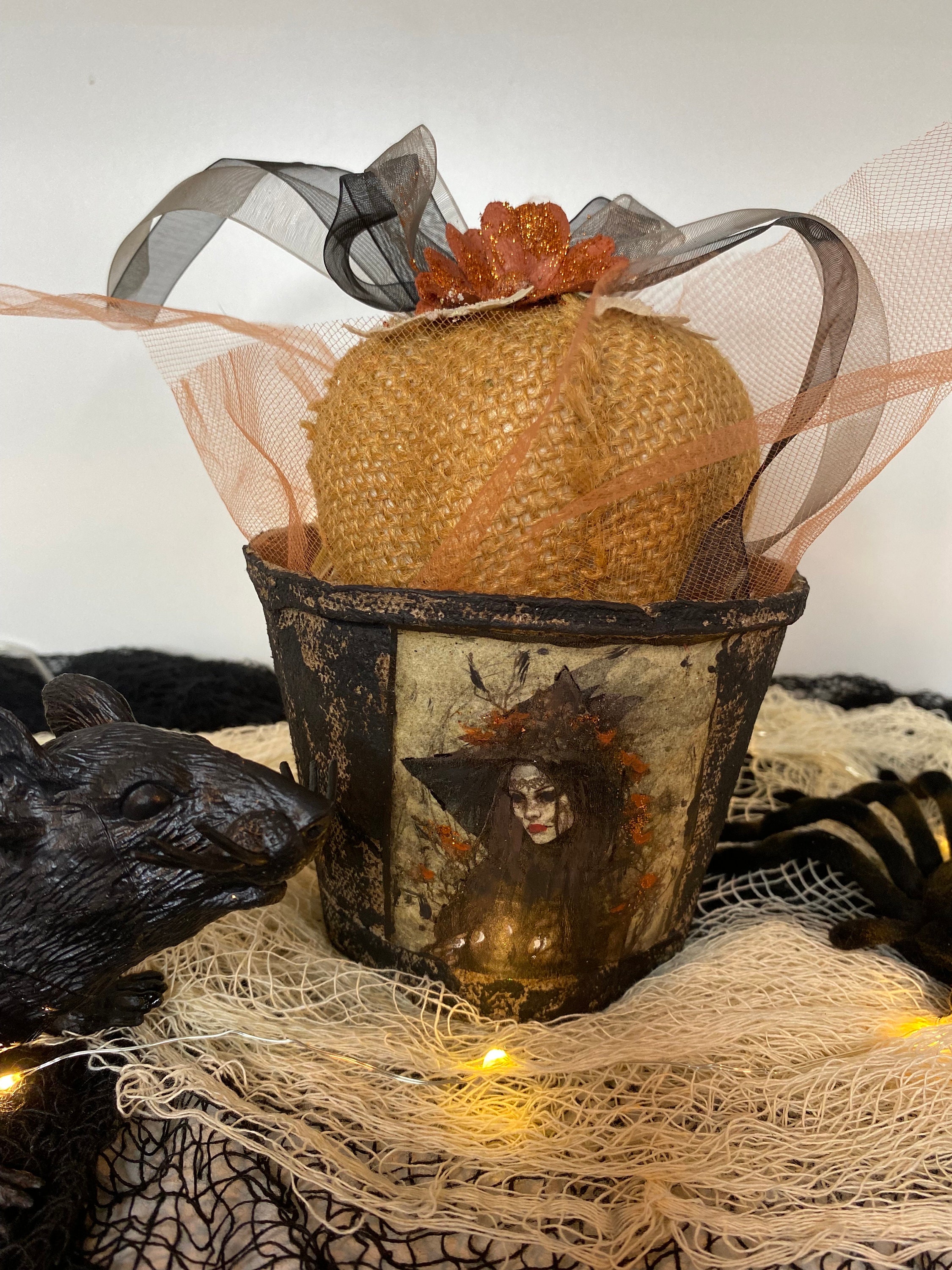 Spooky Scenic Witch Decoupage Peat Pot With Burlap Pumpkin - Halloween ...