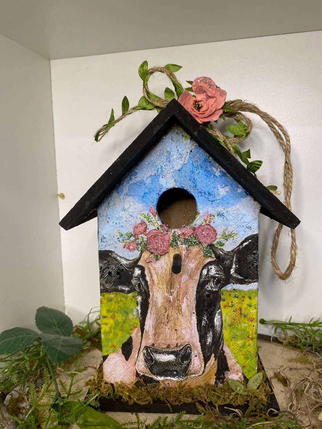 Charming Cow Birdhouse With Decoupage Pasture Background Ideal for ...