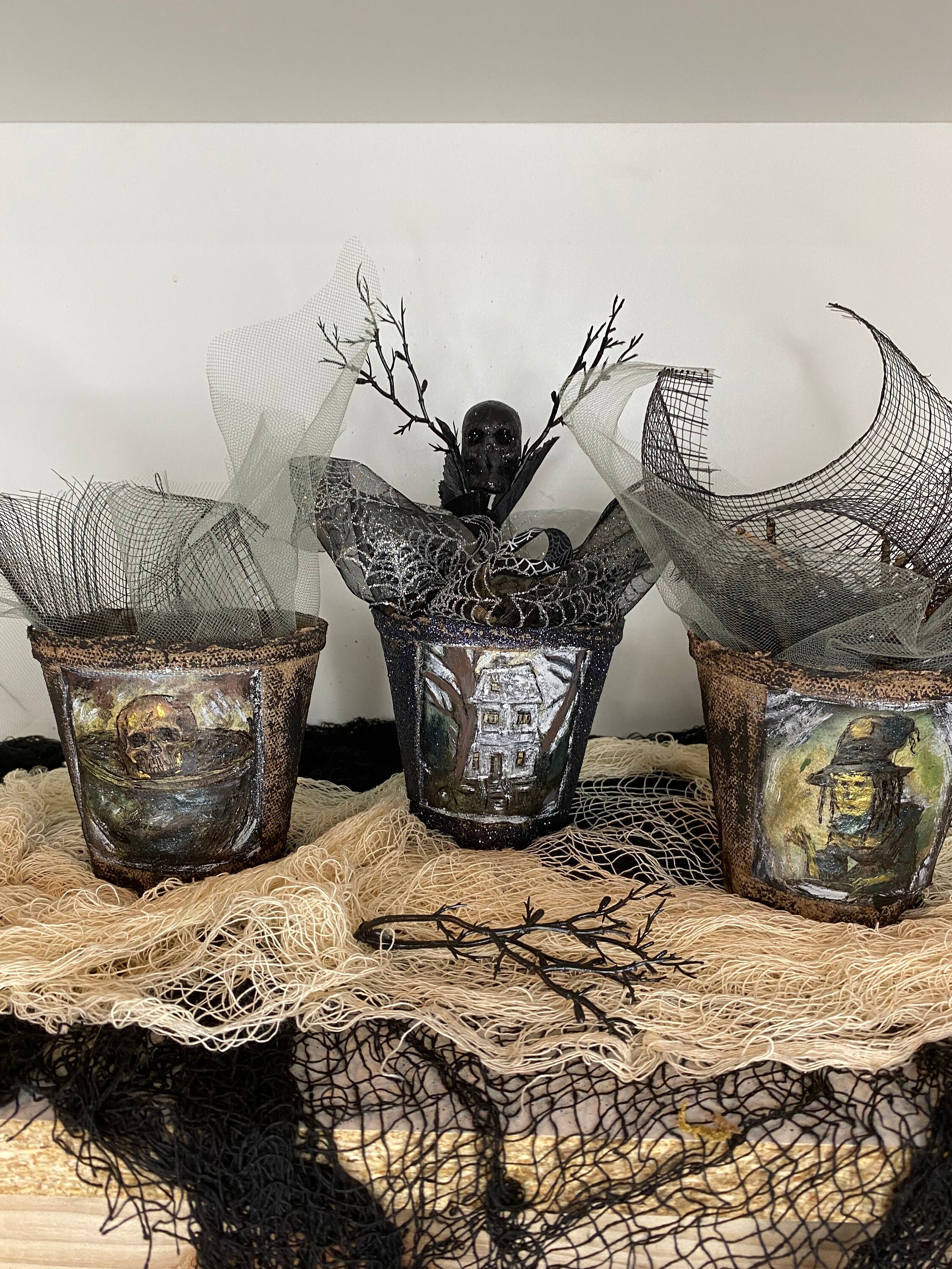 Spooky and Stylish: Decoupage Set of 3 Peat Pots for Halloween - Etsy