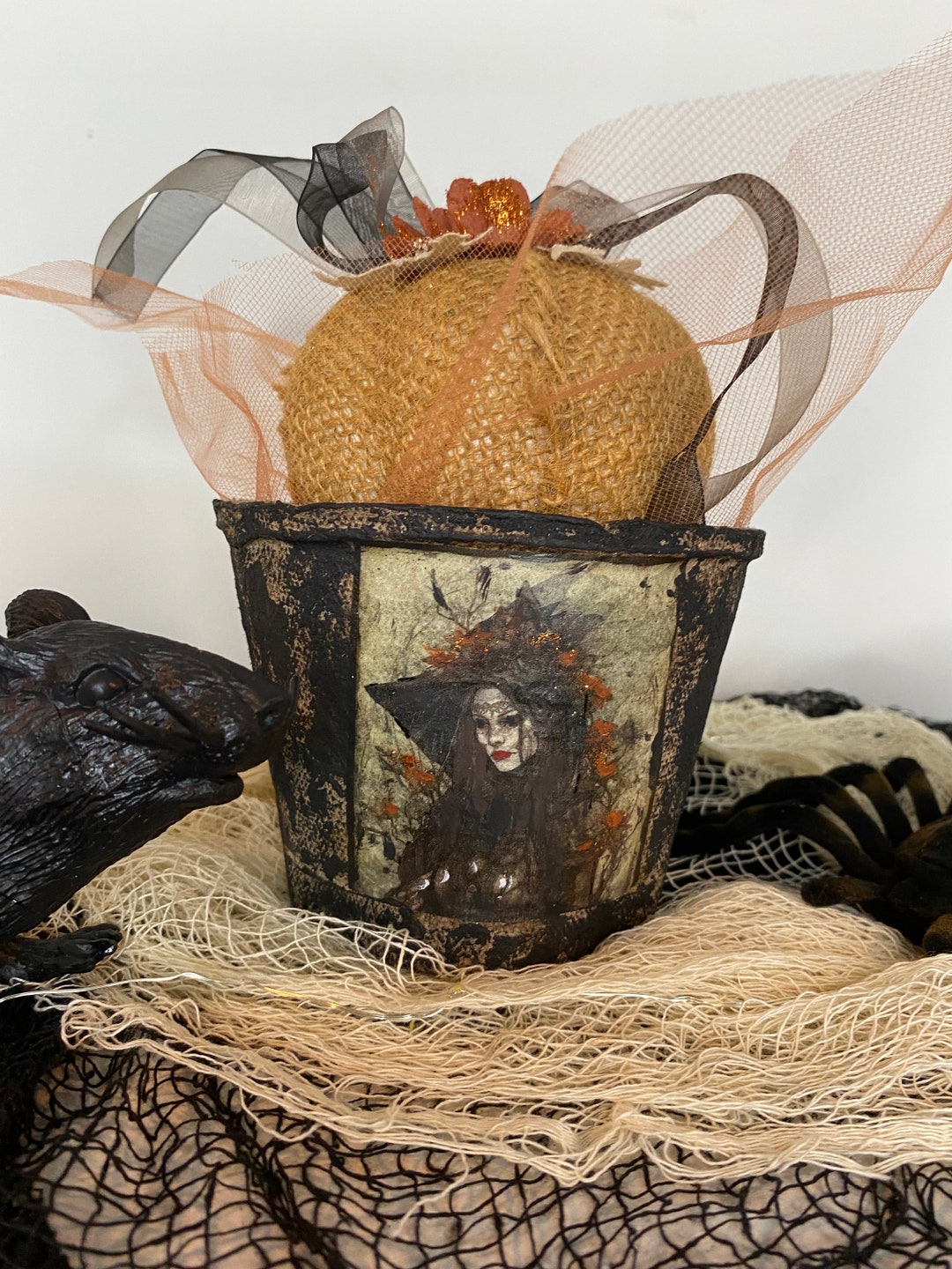 Spooky Scenic Witch Decoupage Peat Pot With Burlap Pumpkin - Halloween ...