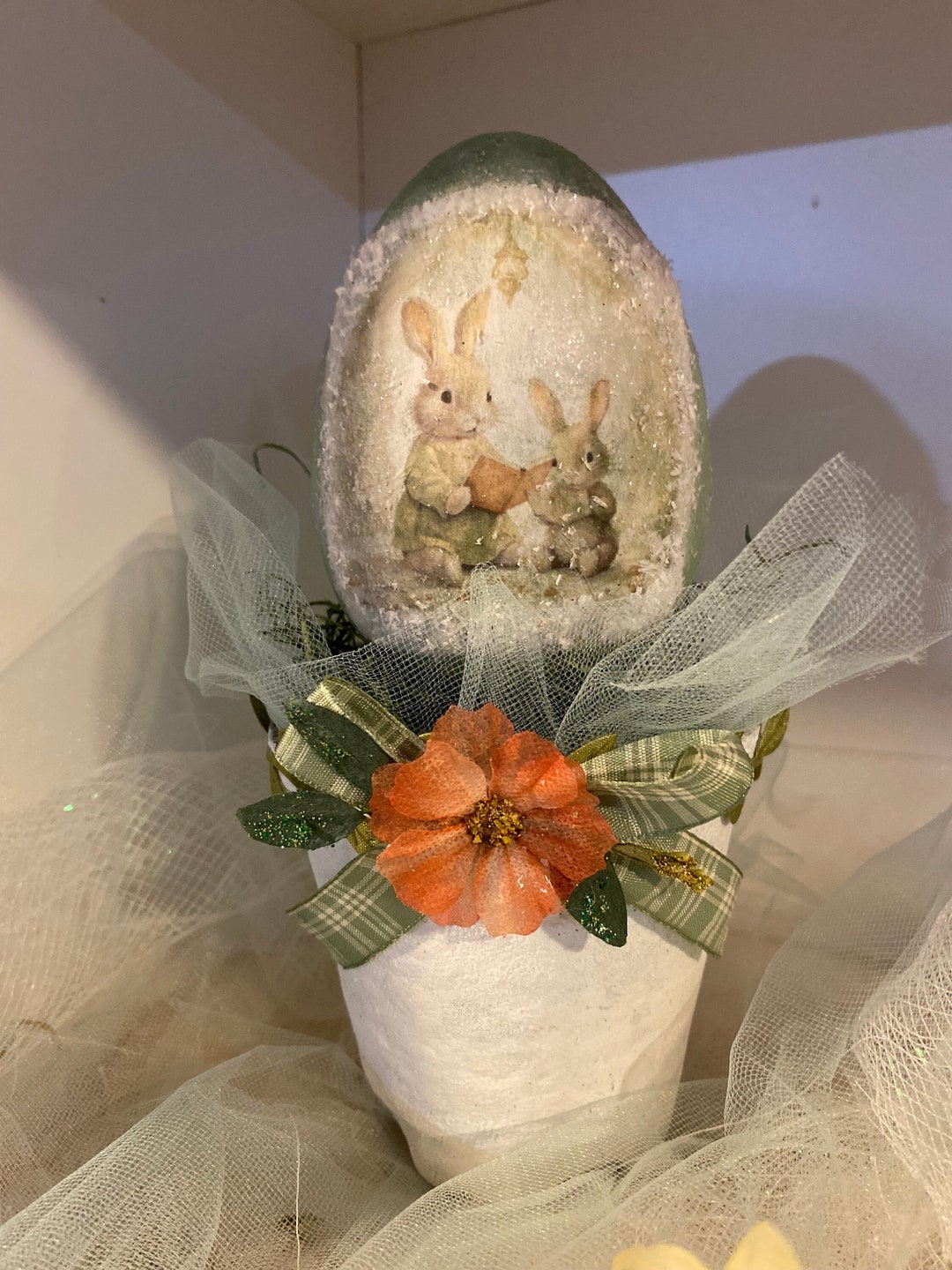 Mint Green Bunny Rabbits Decoupage Egg in Potted Nest - Etsy