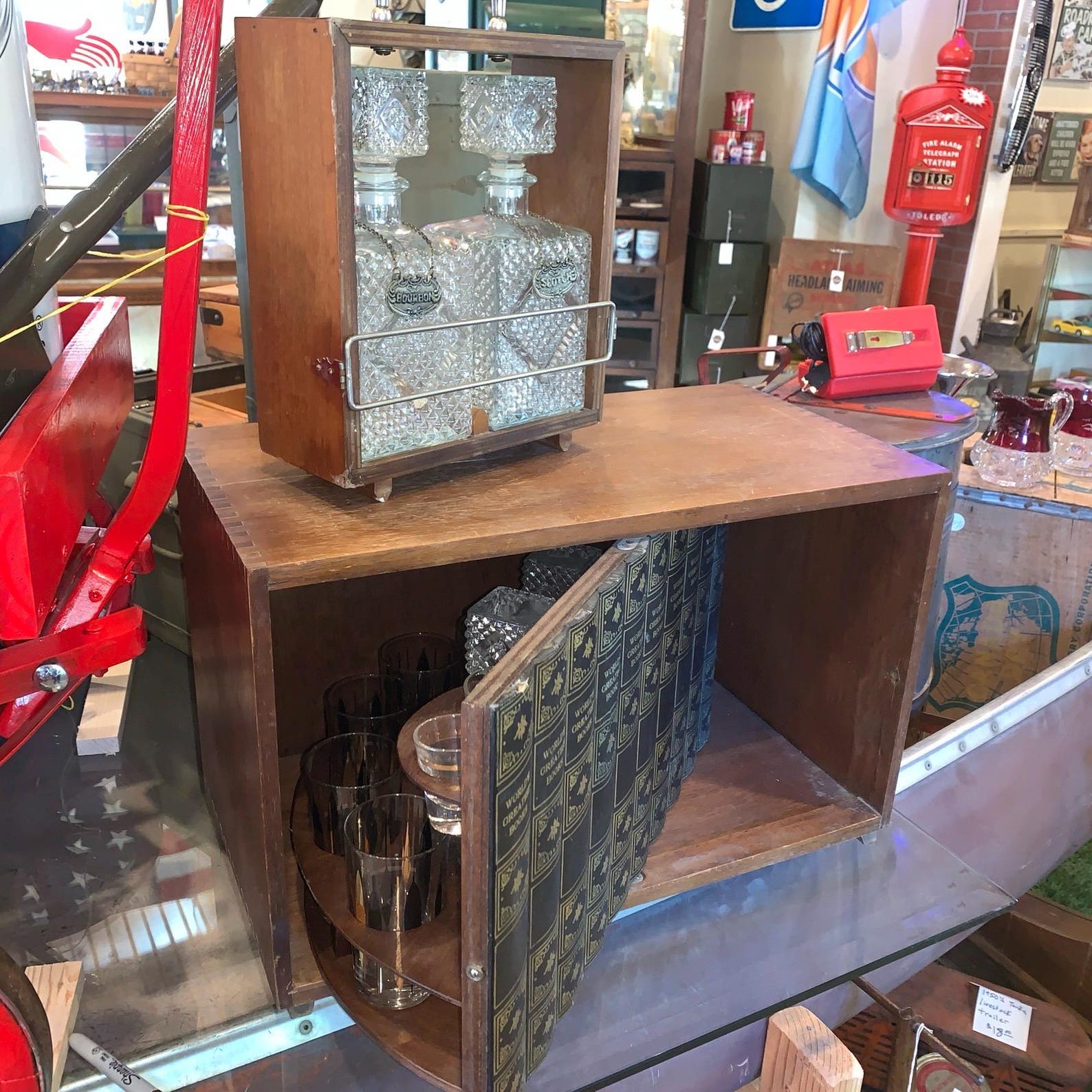 Mid Century “hidden” Bar and English Decanters Tantalus Set Home ...