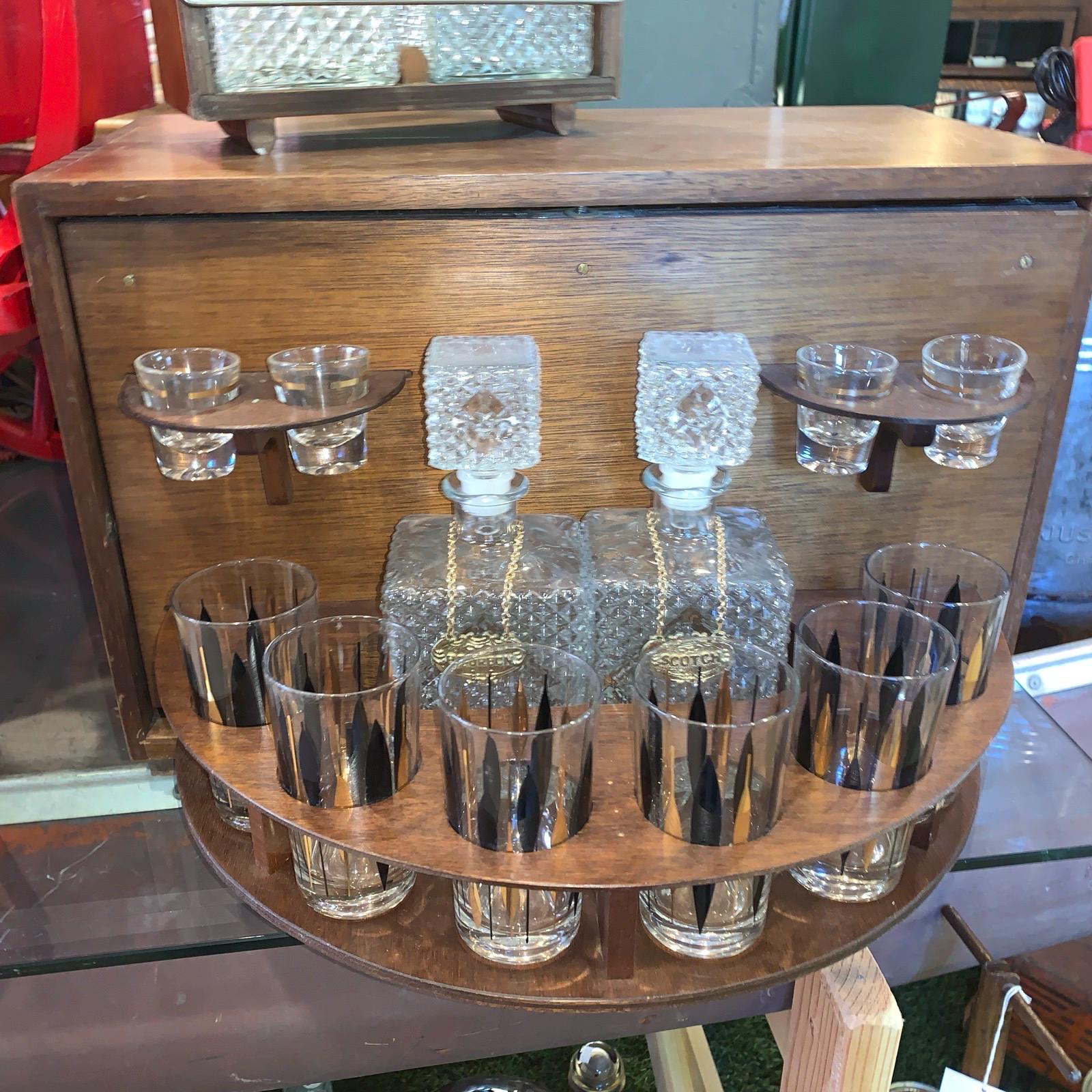 Mid Century “hidden” Bar and English Decanters Tantalus Set Home ...