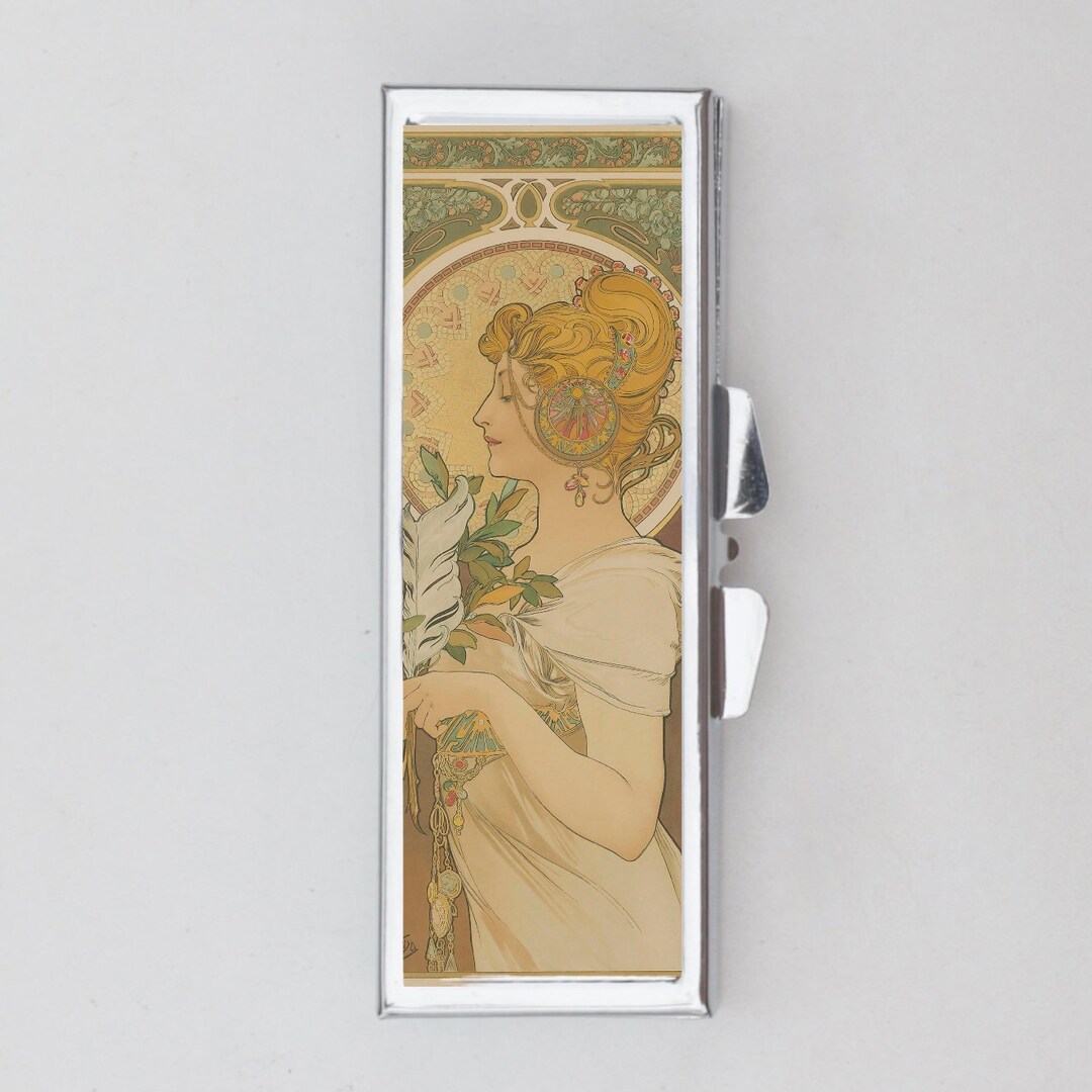 Alphonse Mucha Rectangle Pill Box Feather, Art Nouveau, Small Pill Case ...