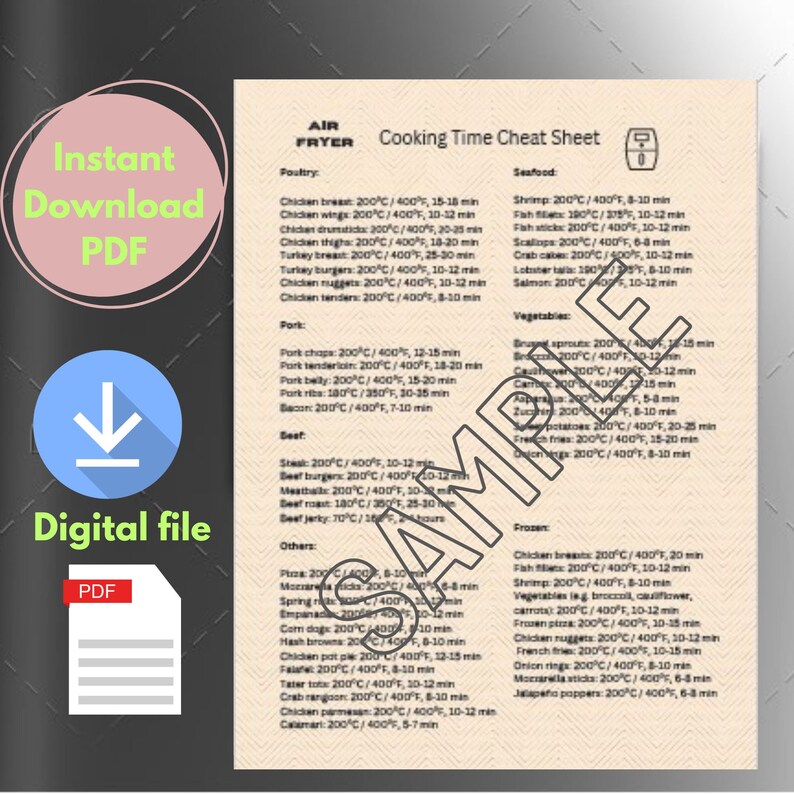 Minimalist Airfryer Cheat Sheet, Printable Air Fryer Cooking Times ...